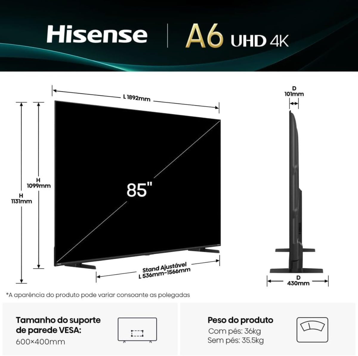 Hisense 85 Inch A6 Series, Smart 4K UHD LED TV With Netflix, Youtube ...
